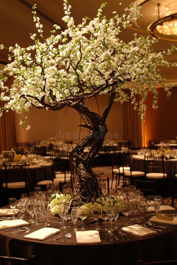Elegant Blooming Tree Centerpiece at Formal Event Dining Setup. Stock ...