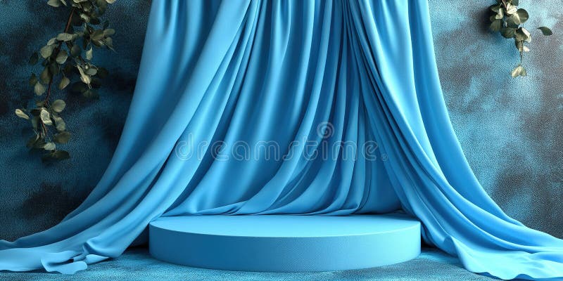 Elegant Blue Backdrop with Flowing Fabric and Circular Platform for ...