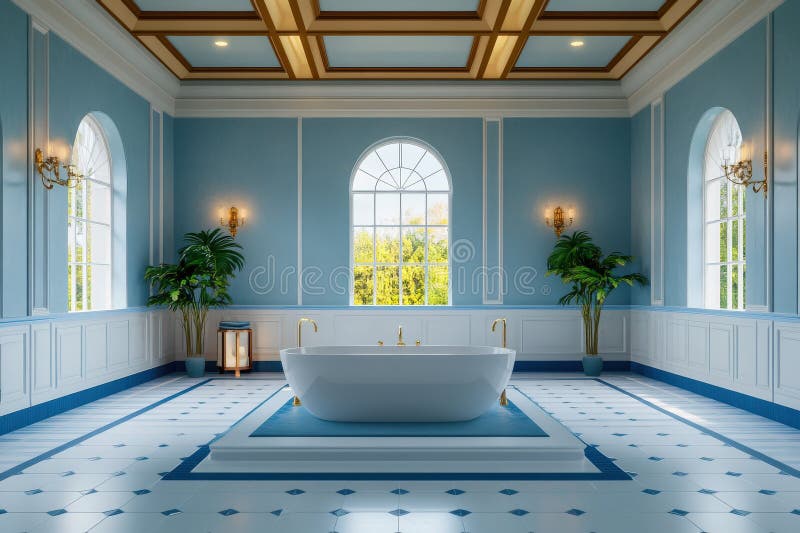 Elegant Blue Bathroom with Central White Bathtub and Large Windows ...