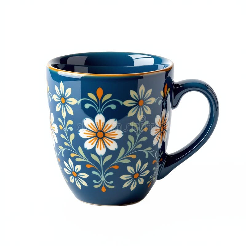 Elegant Blue Ceramic Mug with Intricate Floral Pattern on Transparent ...