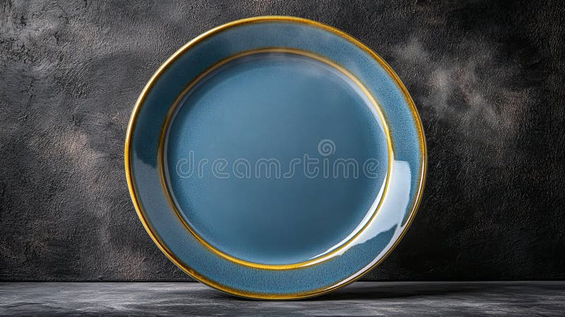 Elegant Blue Ceramic Plate with Gold Rim on Dark Textured Background ...