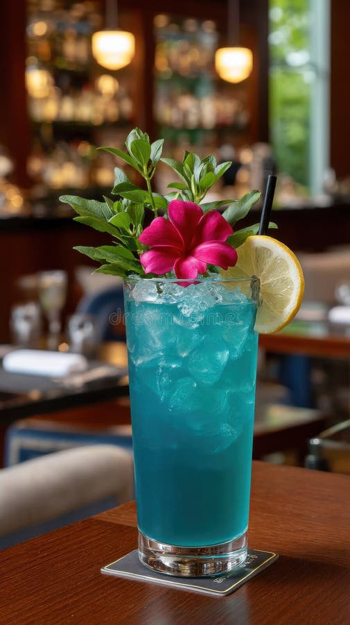 Elegant Blue Cocktail with Ice Flower and Lemon Slice at Upscale Bar ...