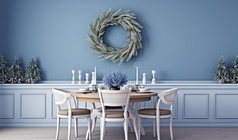 Elegant Blue Dining Room with Winter Wreath Stock Photo - Image of ...
