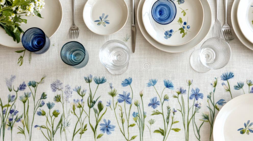 Elegant Blue Floral Table Setting with White Dinnerware Stock ...