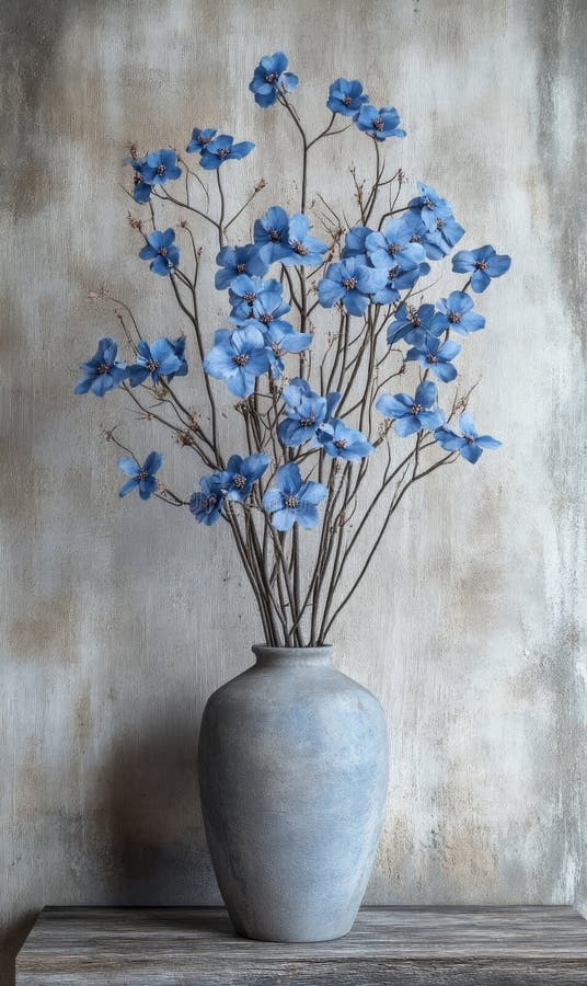 Elegant Blue Flowers in Textured Vase Against Rustic Wall Stock Photo ...