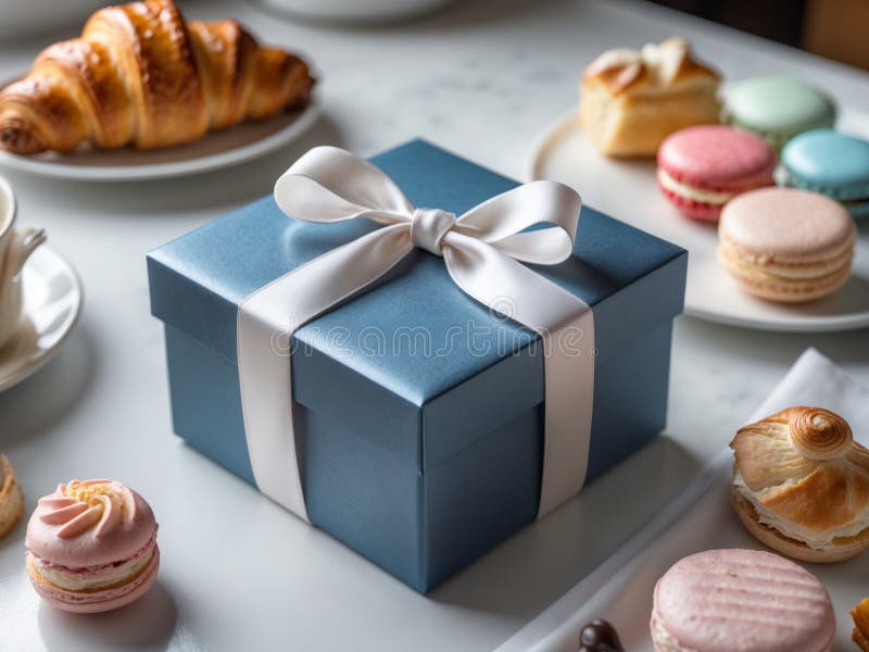 Elegant Blue Gift Box by Kitchen Counter with Pastries Stock Image ...