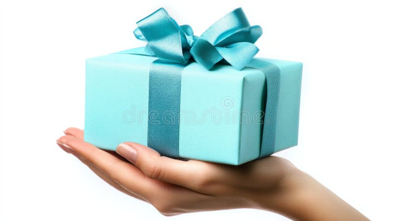 Elegant Blue Gift Box with Ribbon and Bow Held in Hand on White ...