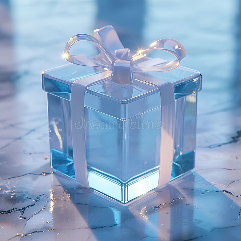 Elegant Blue Gift Box with White Ribbon Tied, Sitting on a Reflective ...