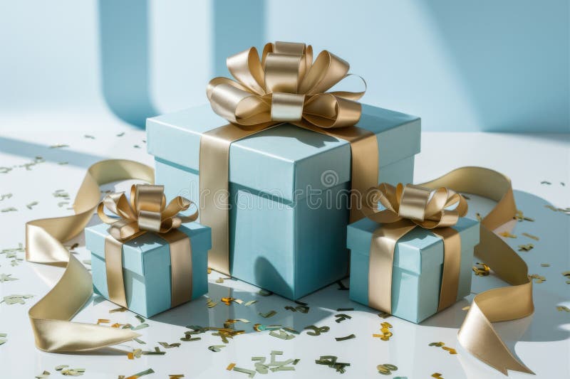 Elegant Blue Gift Boxes with Gold Ribbon and Confetti in Bright Light ...