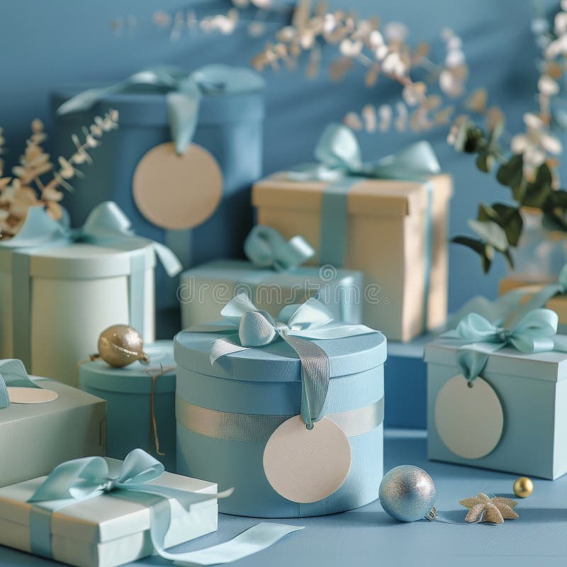 Elegant Blue Gift Boxes with Ribbons and Holiday Decorations Stock ...