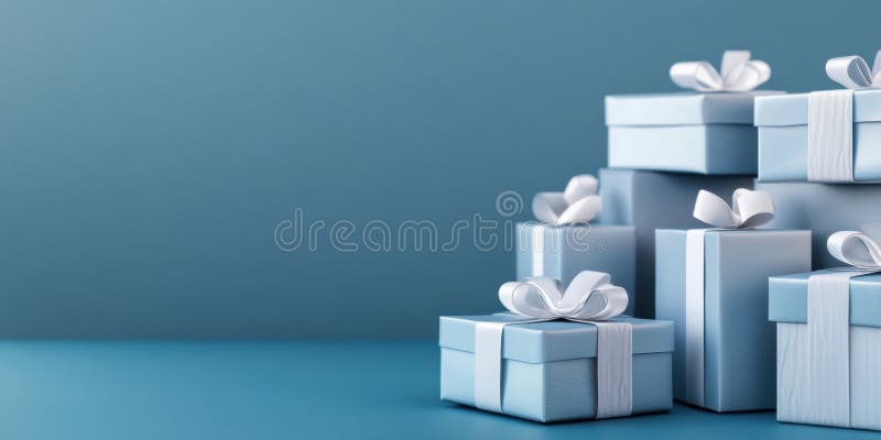 Elegant Blue Gift Boxes with White Ribbons on a Solid Blue Background ...