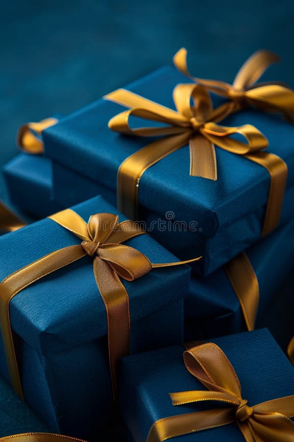 Elegant Blue Gifts with Gold Ribbons on Solid Blue Background Stock ...