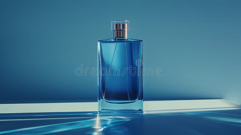 Elegant Blue Glass Perfume Bottle Casting a Shadow on a Reflective ...