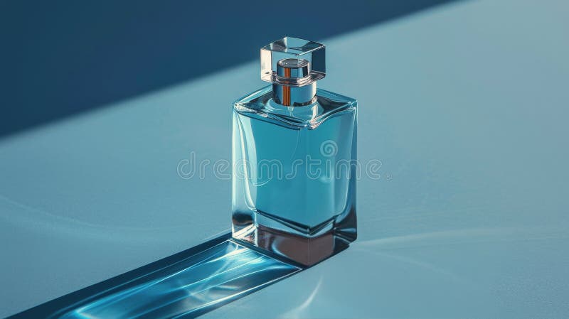 Elegant Blue Glass Perfume Bottle Casting a Shadow on a Reflective ...