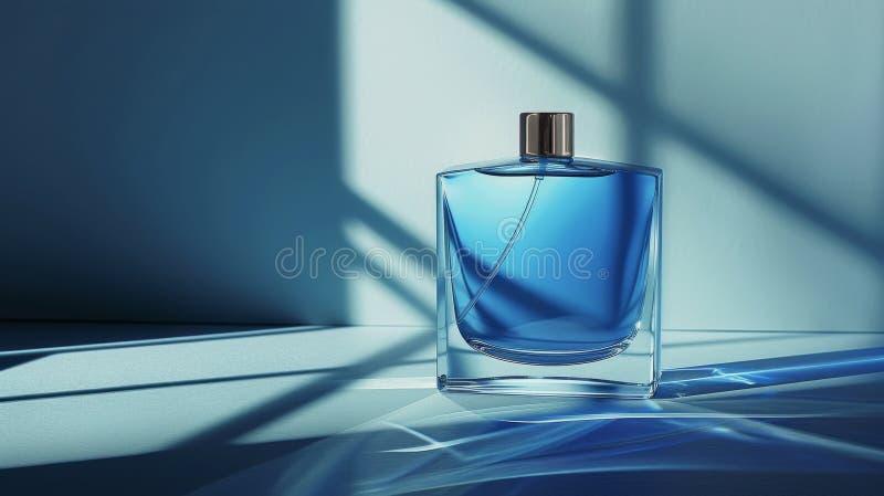 Elegant Blue Glass Perfume Bottle Casting a Shadow on a Reflective ...