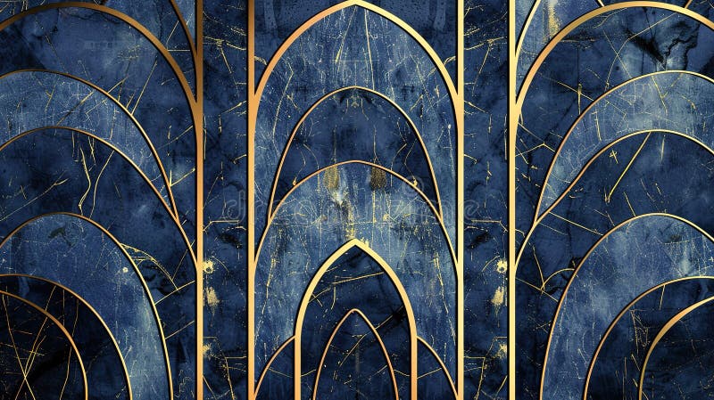 Elegant Blue and Gold Abstract Design with Layered Arches and a ...