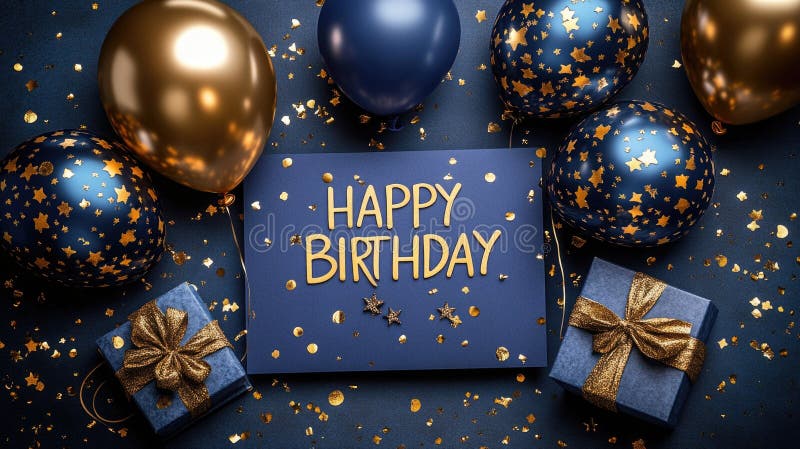 Elegant Blue and Gold Birthday Celebration with Balloons and Gift Boxes ...