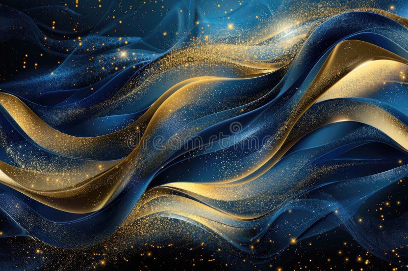 Elegant Blue and Gold Fabric Waves with Glitter Creating a Luxurious ...