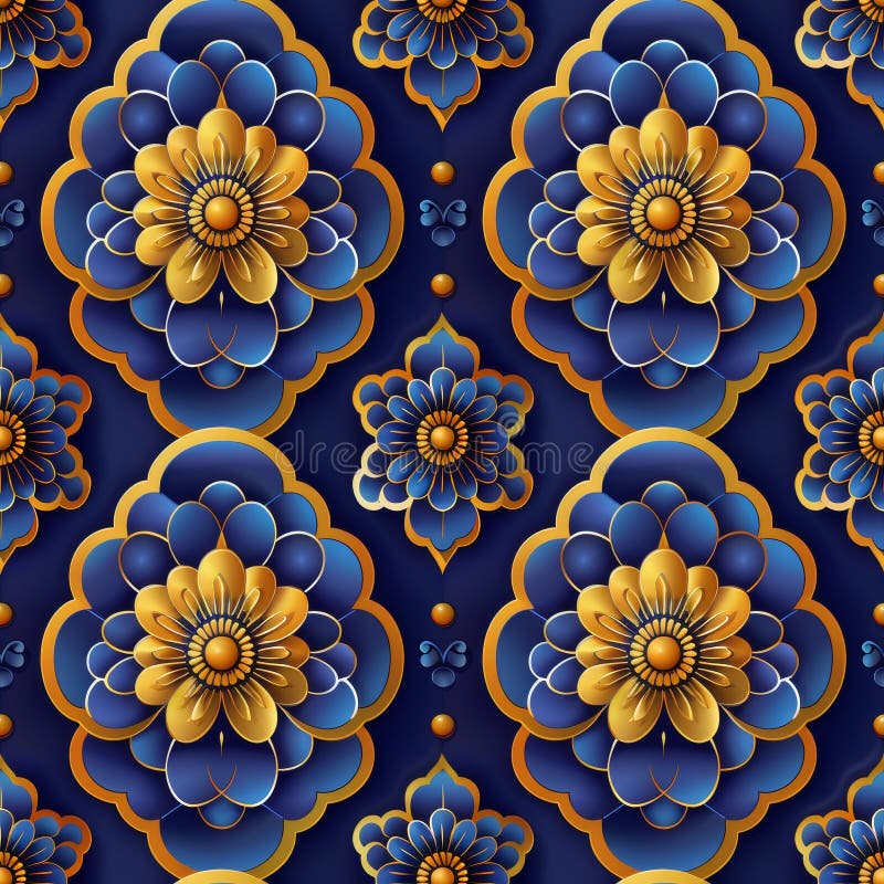 Elegant Blue and Gold Floral Pattern Stock Illustration - Illustration ...