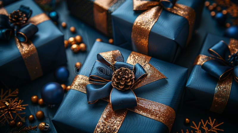 Elegant Blue and Gold Gift Boxes Stock Image - Image of copyspace ...