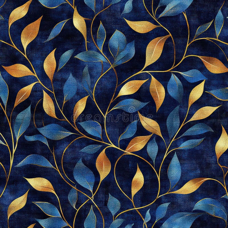 Elegant Blue and Gold Leaf Pattern on Dark Background for Textiles ...