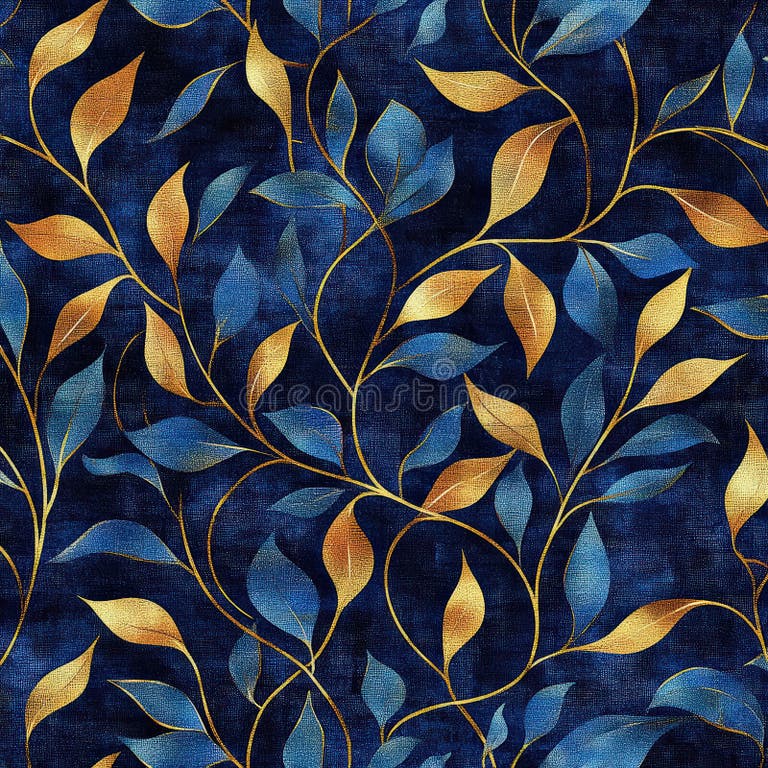 Elegant Blue and Gold Leaf Pattern on Dark Background for Textiles ...