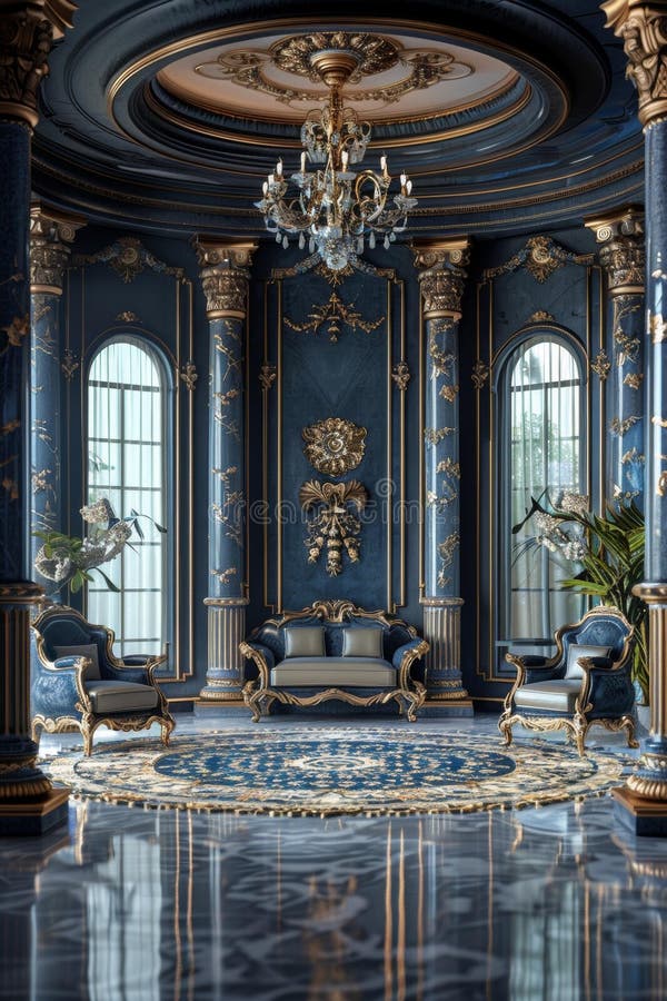 Elegant Blue and Gold Royal Living Room Interior Generated Using AI ...