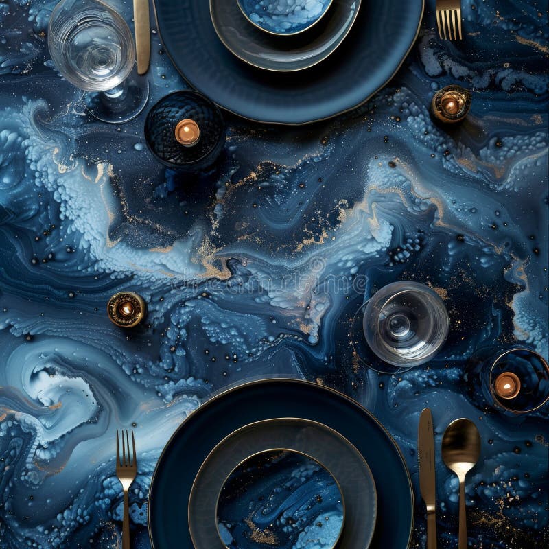 Elegant Blue and Gold Table Setting Stock Illustration - Illustration ...