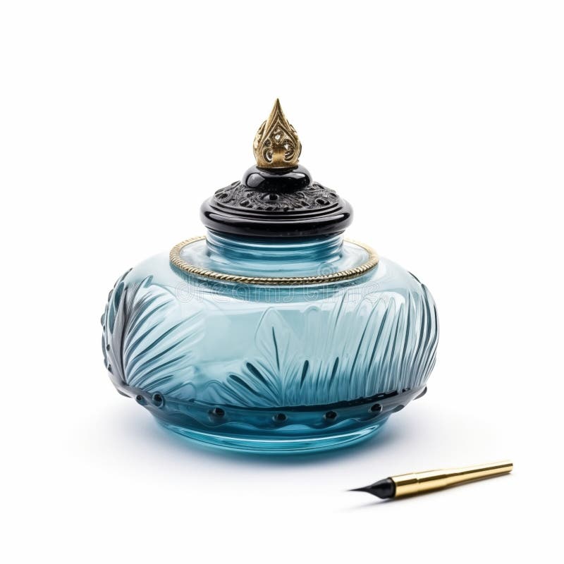 Elegant Blue Ink Bottle with Decorative Cap and Brush on a White ...