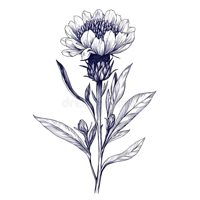 Elegant Blue Ink Drawing of a Single Flower with Leaves and Bud Stock ...