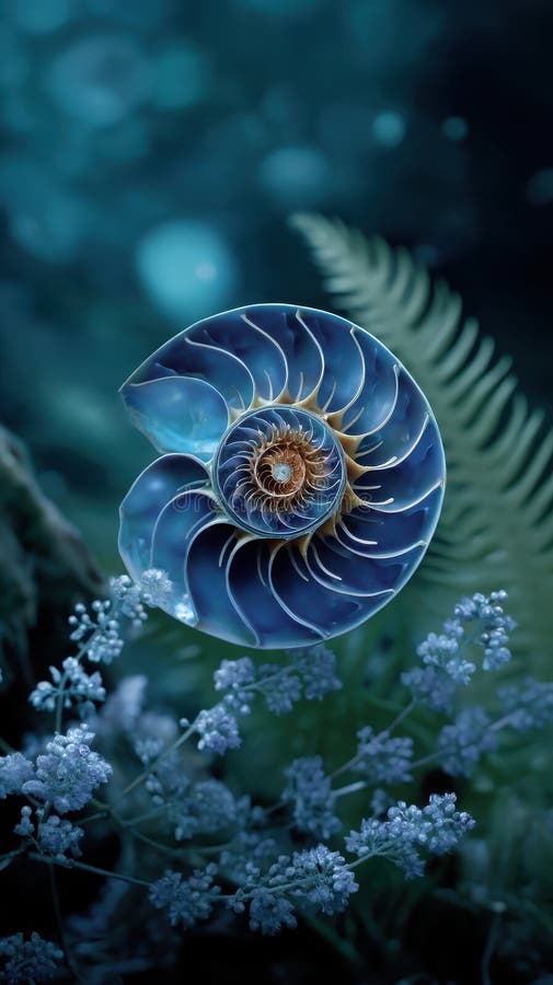 Elegant Blue Nautilus Shell Surrounded by Floral and Botanical Elements ...