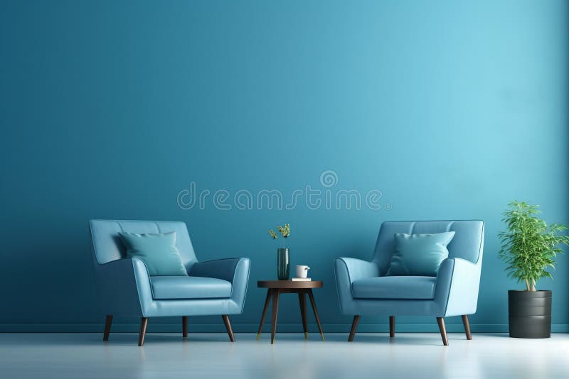 Elegant Blue Open-plan Living Room with Two Blue Armchairs, Monochrome ...