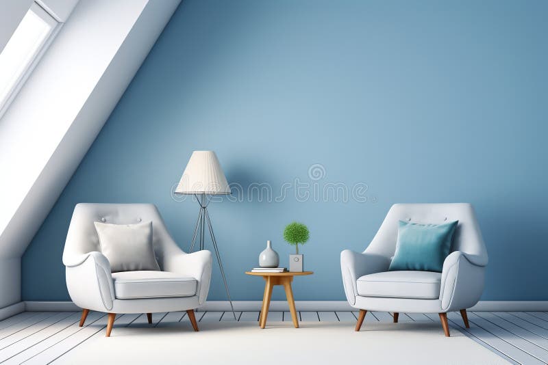 Elegant Blue Open-plan Living Room with Two Blue Armchairs, Monochrome ...