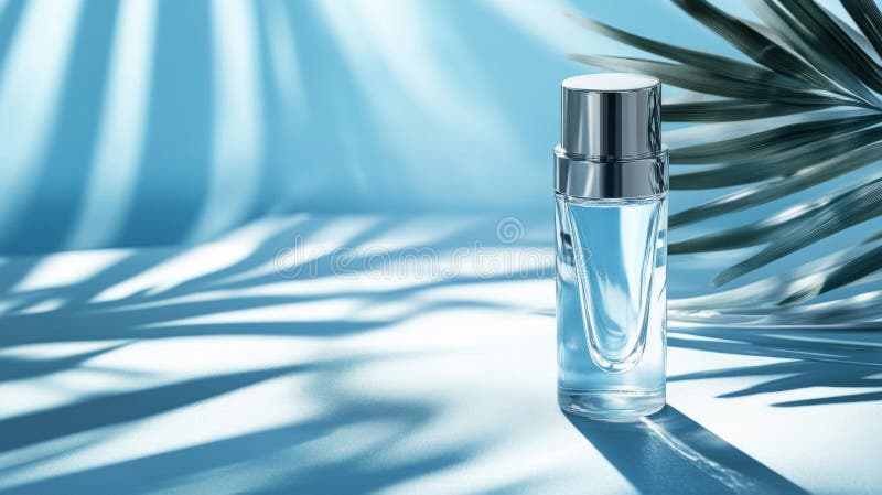 Elegant Blue Perfume Bottle Display with Tropical Leaf Stock ...