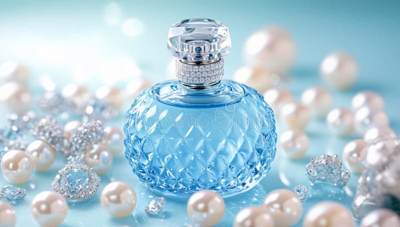 Elegant Blue Perfume Bottle with Pearls and Diamonds High Quality Image ...