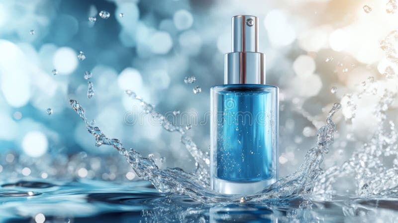 Elegant Blue Perfume Bottle with Silver Cap Surrounded by Water ...