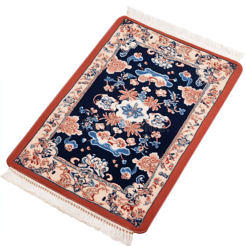 Elegant Blue and Red Oriental Rug with Floral Pattern and Fringe Stock ...