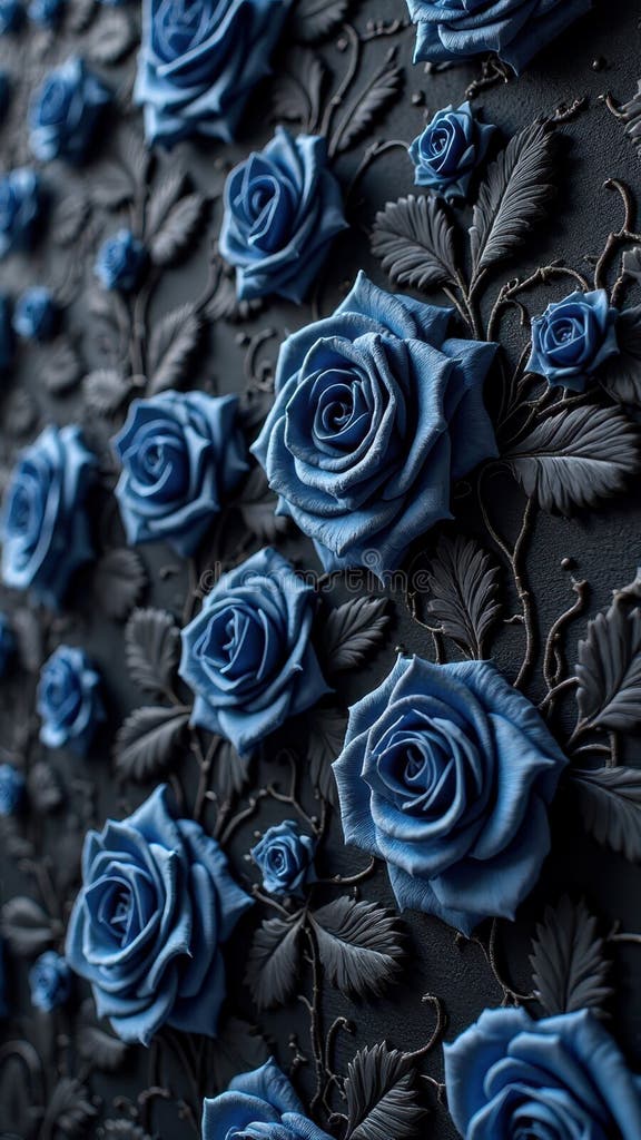 Elegant Blue Roses on Black Background: Detailed Floral Pattern Stock ...