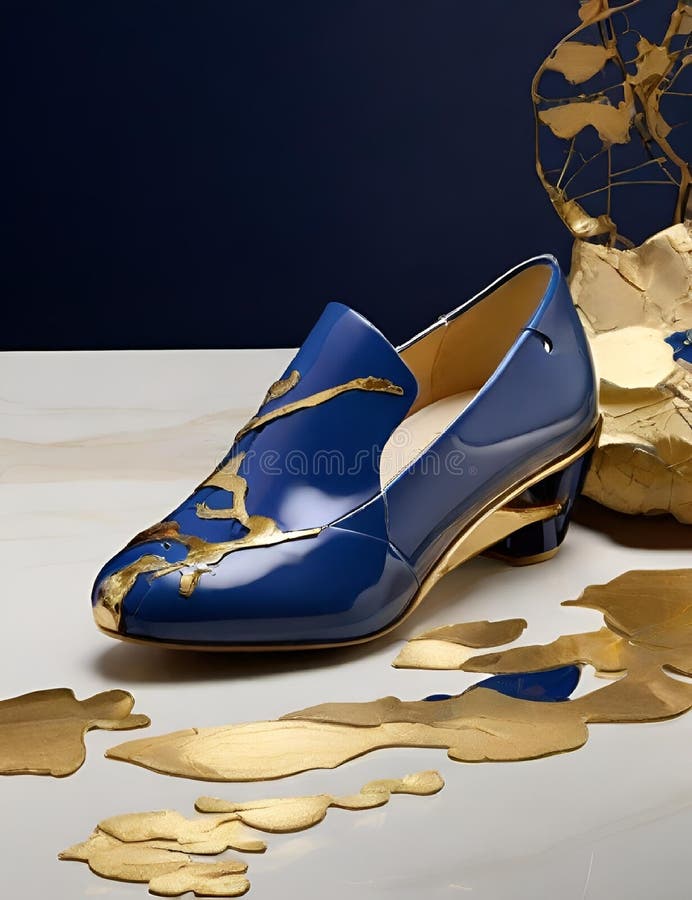 Elegant Blue Shoes Adorned with Gold on a Table Stock Image - Image of ...