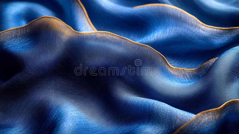 Elegant Blue Silk Fabric Draped with Golden Trim Texture Background ...