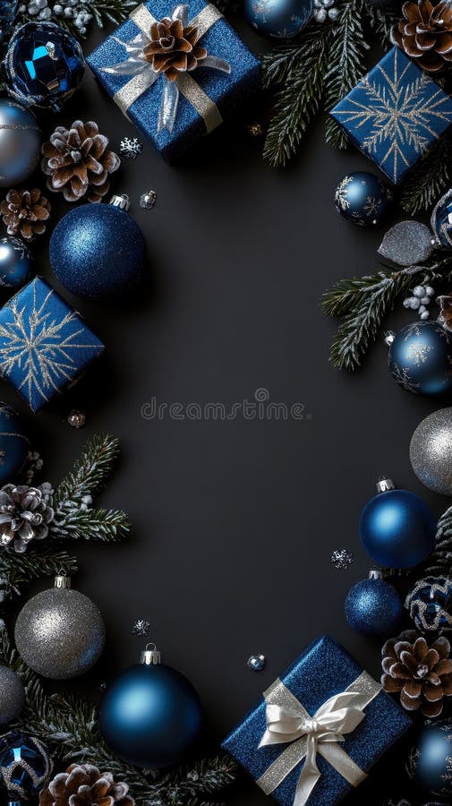 Elegant Blue and Silver Christmas Banner with Baubles and Gift Boxes on ...