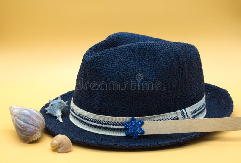 Elegant Blue Straw Hat with Shells Around Stock Photo - Image of ...