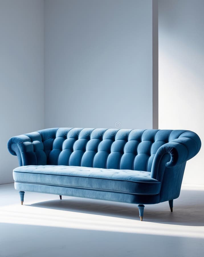 Elegant Blue Velvet Sofa Button Tufted Classic Design Stock Image ...