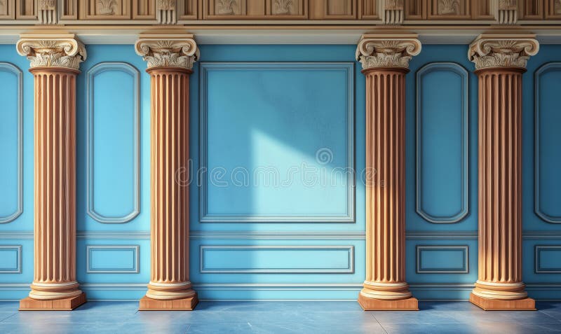 Elegant Blue Wall with Classical Columns and Ornate Details in ...