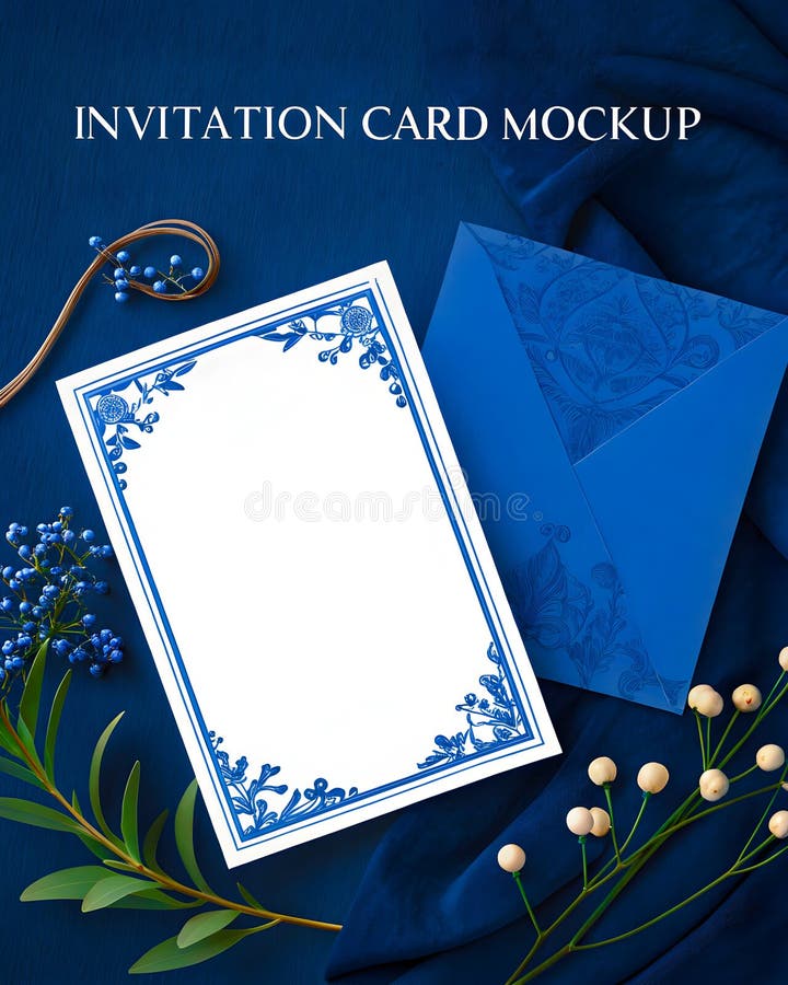 Elegant Blue Wedding Invitation Card Mockup with Floral Border and ...