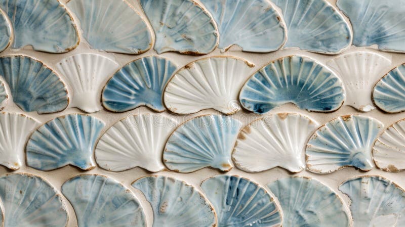 Elegant Blue and White Ceramic Seashell Tiles Creating a Textured ...