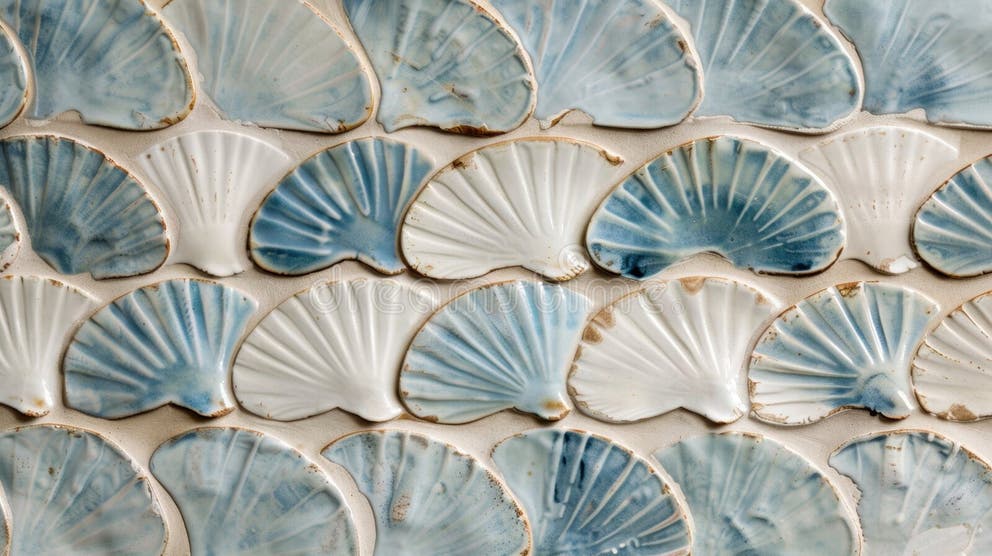 Elegant Blue and White Ceramic Seashell Tiles Creating a Textured ...