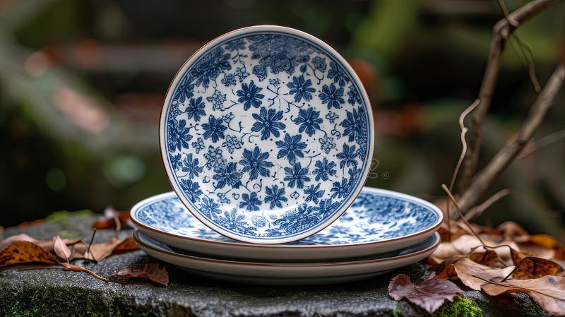 Elegant Blue and White Chinese Patterned Plates Displayed Outdoors ...