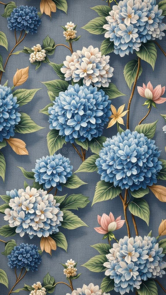 Elegant Blue and White Hydrangea Pattern with Green Leaves on a Vintage ...