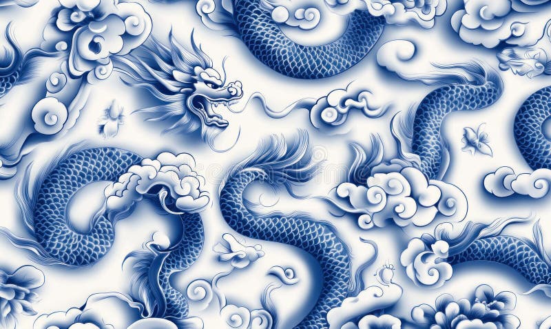 Elegant Blue and White Seamless Pattern Featuring Traditional Chinese ...